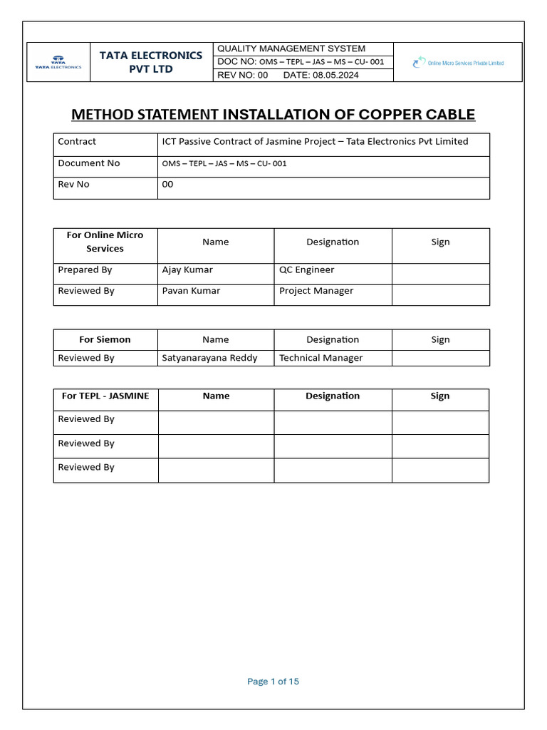 Method Statement - Itp - Check List - Flow Chart - Copper Cable Installation | PDF