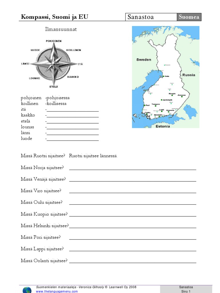 Kompassi ja ilmansuunnat sekä Suomi että EUn kartta