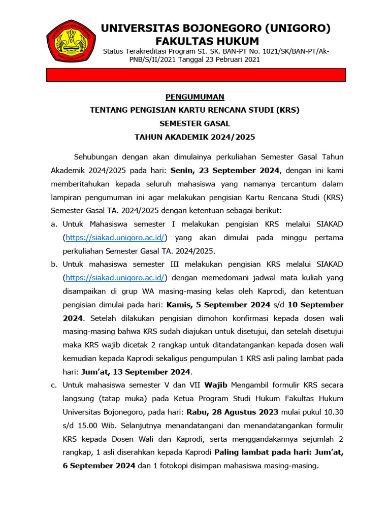 Pengumuman Pengisian Krs Ganjil Ta. 2024-2025 + Lampiran | PDF