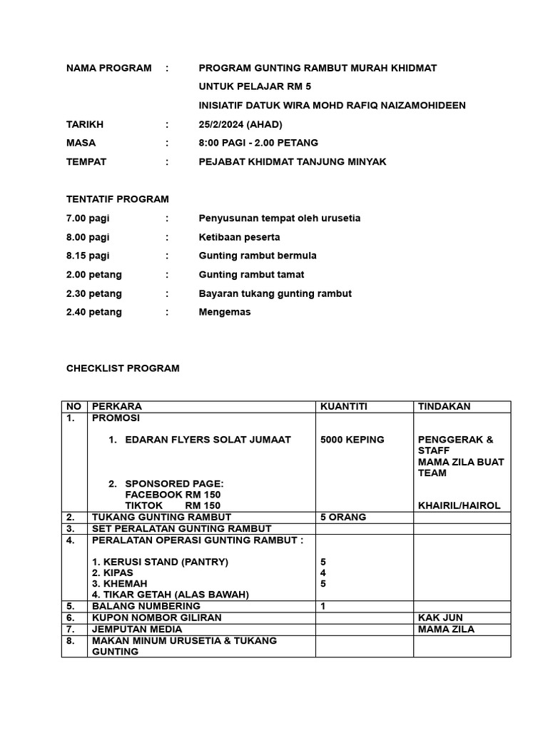 Tentatif Checklist Gunting Rambut | PDF
