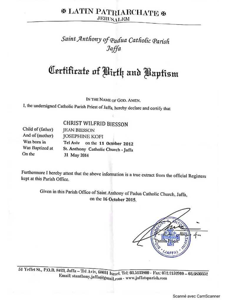Certificate of Baptism - Christ BIESSON | PDF