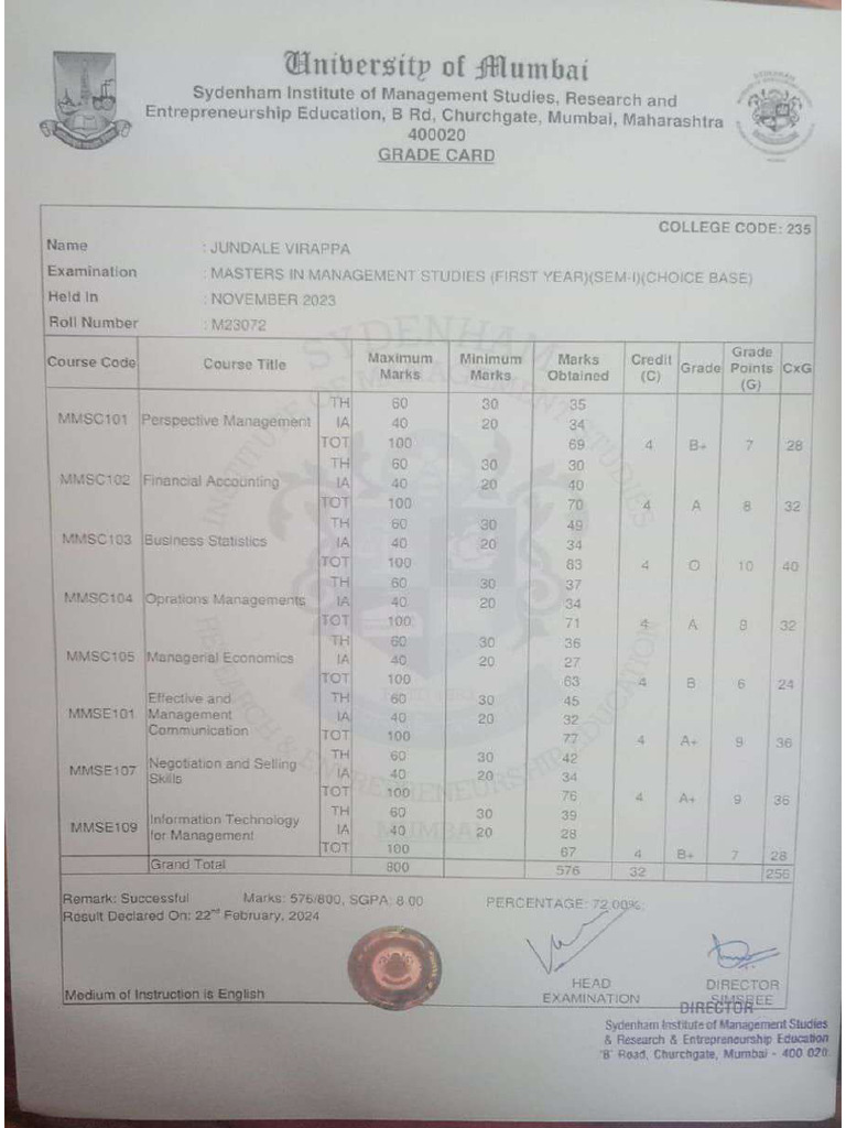 MBA First Sem Result | PDF