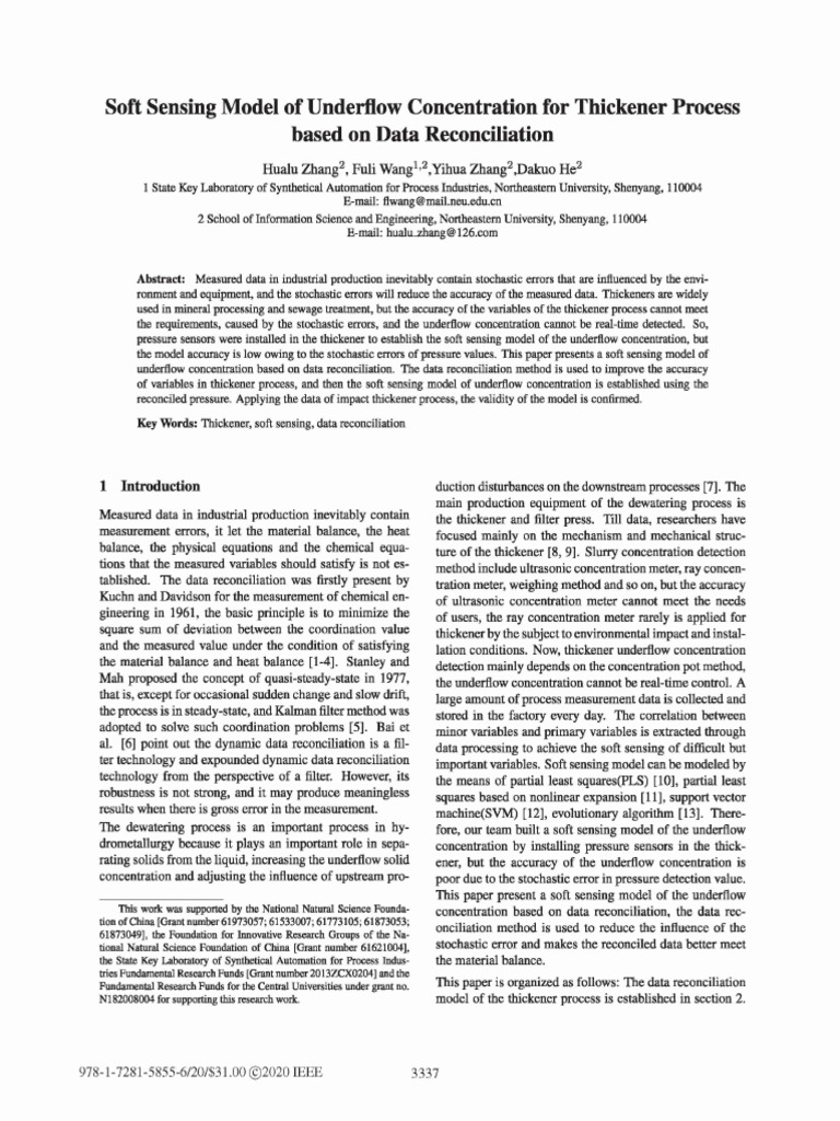 Soft Sensing Model of Underflow Concentration For Thickener Process Based On Data Reconciliation ...