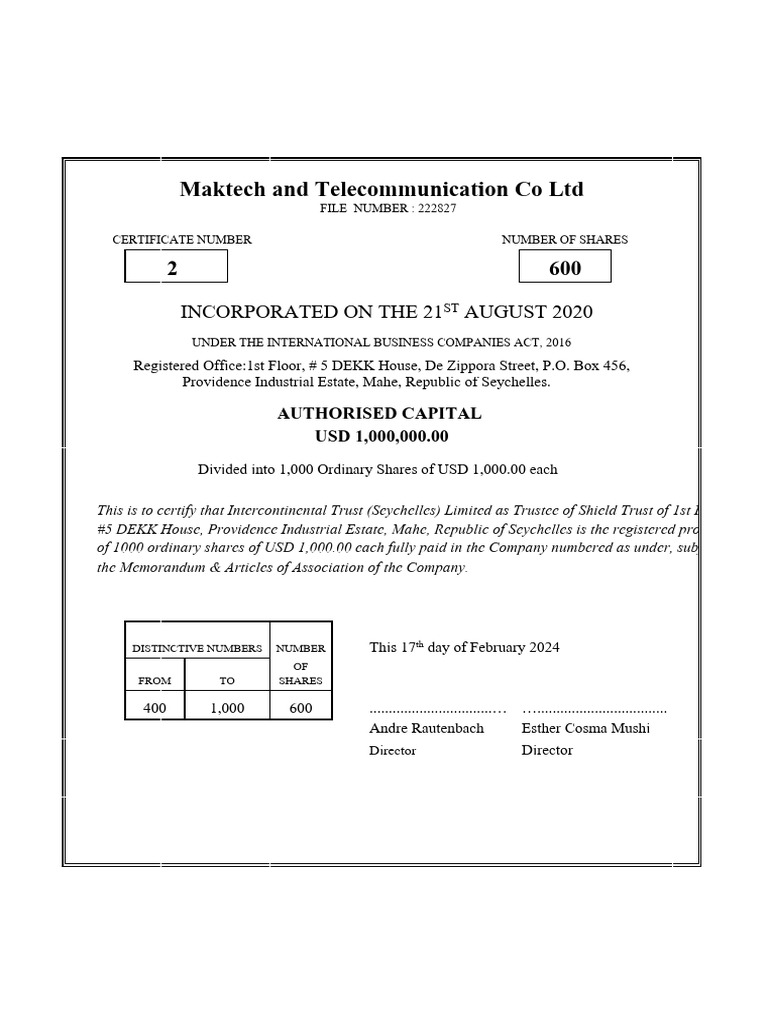 Maktech and Telecommunication Co LTD 2 - Share Certificate | PDF