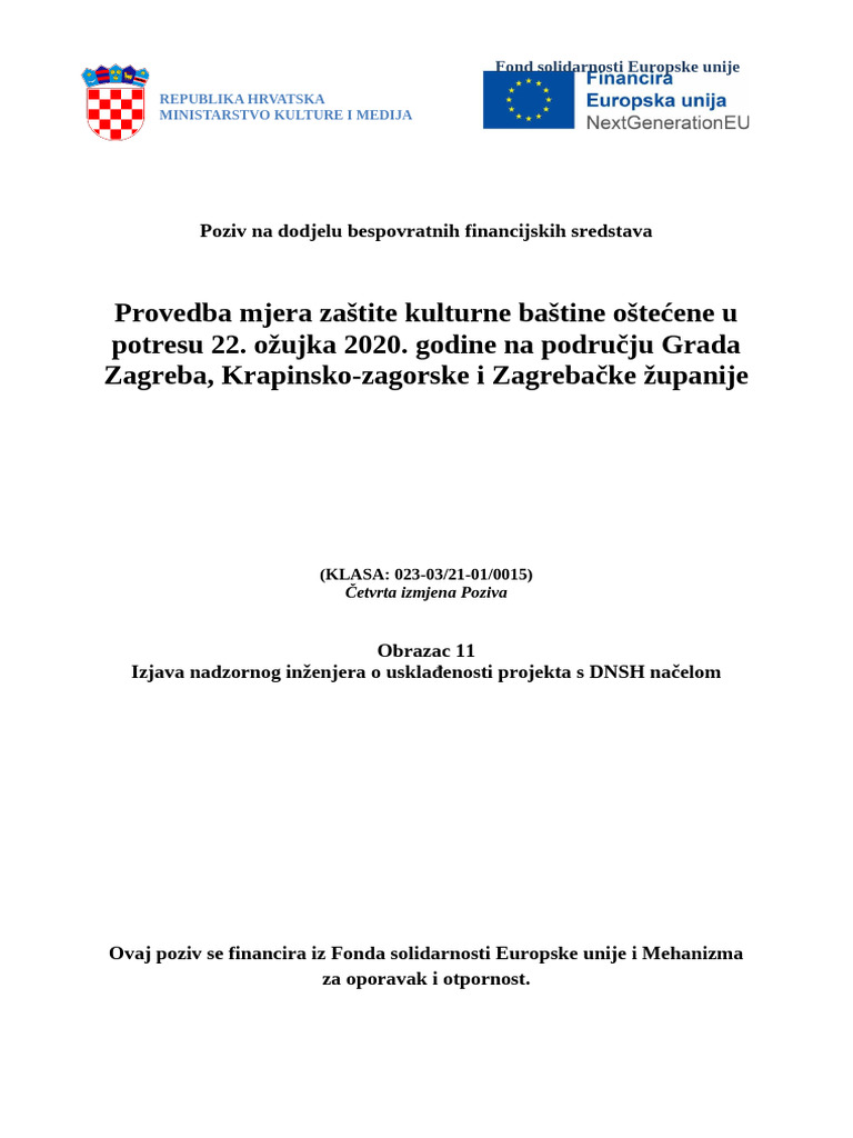 Obrazac 11 - Izjava Nadzornog Inzenjera o Uskladenosti Projekta S DNSH - Nacelom | PDF