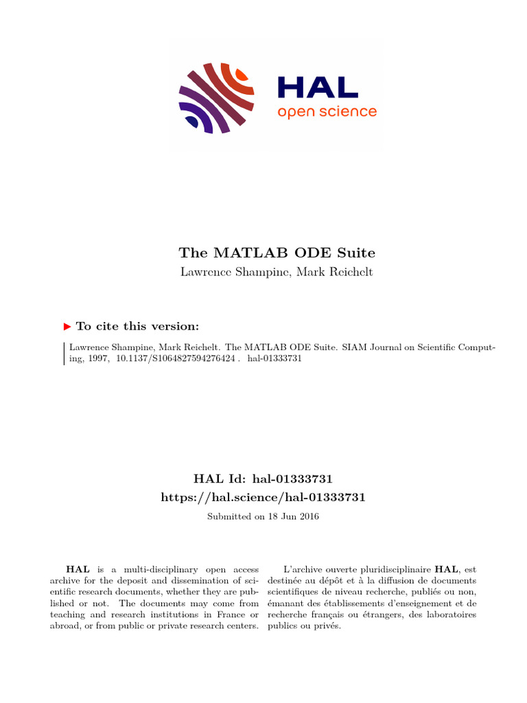 Shampine and Reichelt - 1997 - The MATLAB ODE Suite | PDF Shampine and Reichelt - 1997 - The MATLAB ODE Suite | PDF