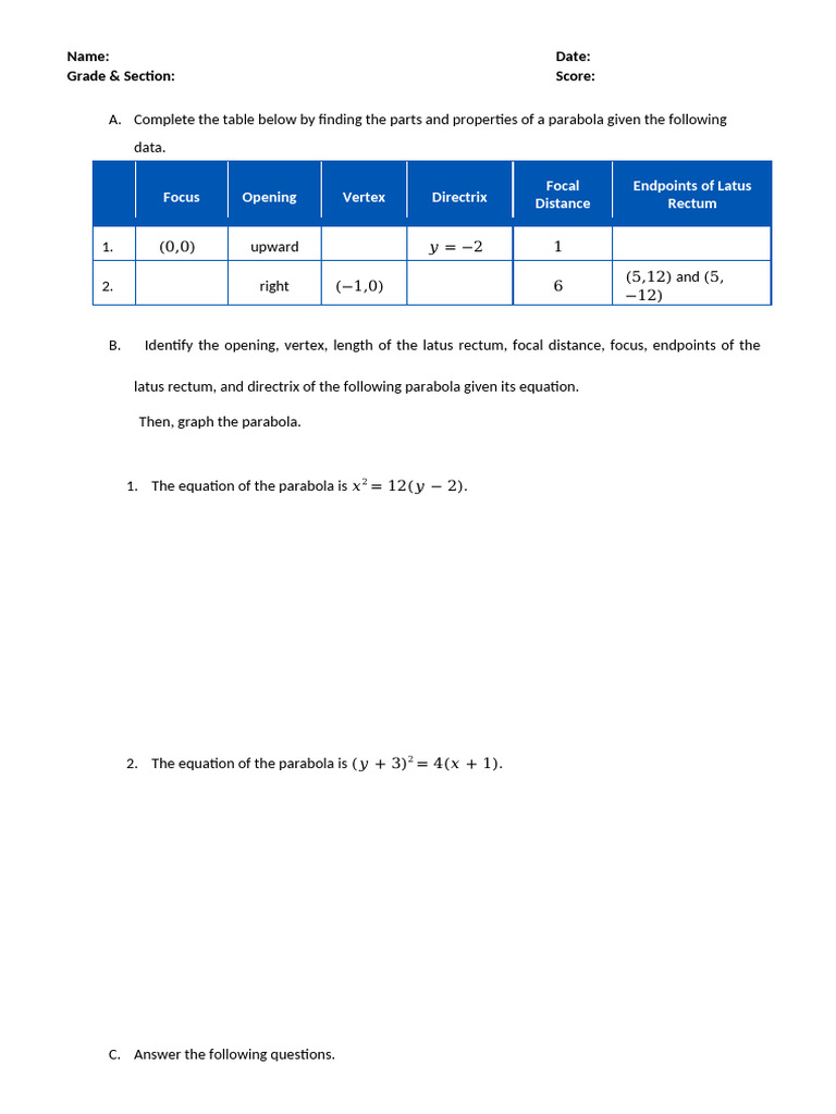 Quiz - Graph of Parabola | PDF
