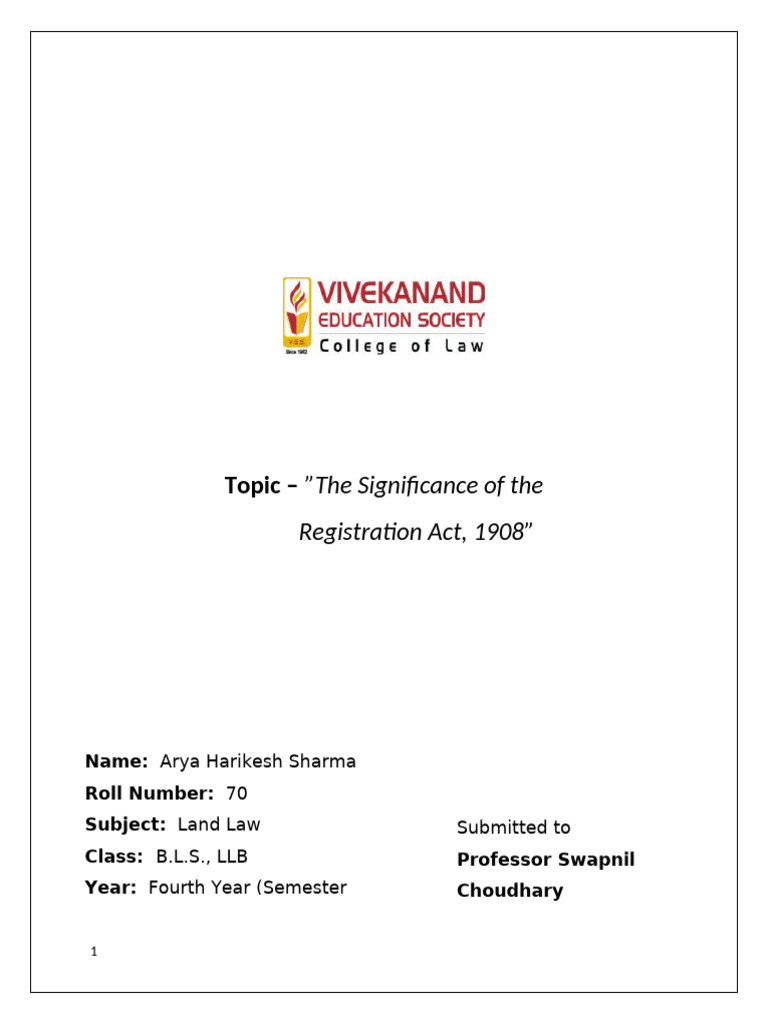 The Significance of The Registration Act, 1908 - Land Law | PDF