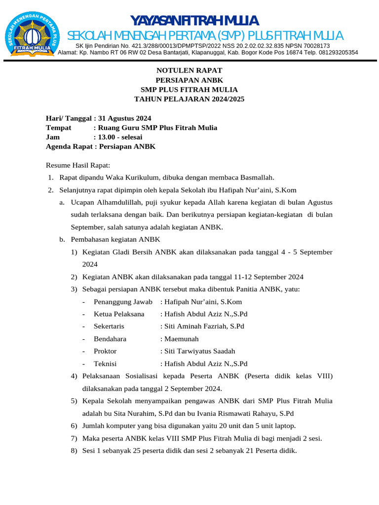 Notulen Rapat Persiapan Anbk | PDF