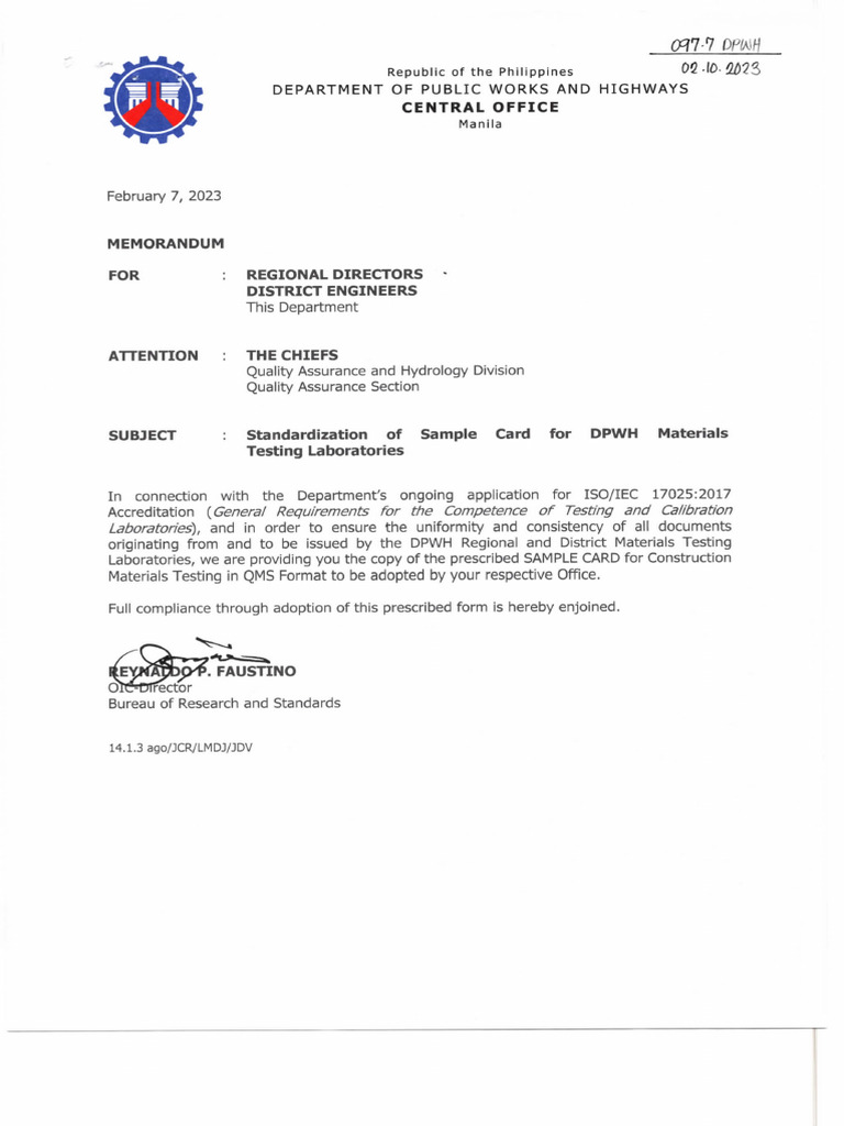 Memo 097.7_020723_Standardization of Sample Card for DPWH Materials ...