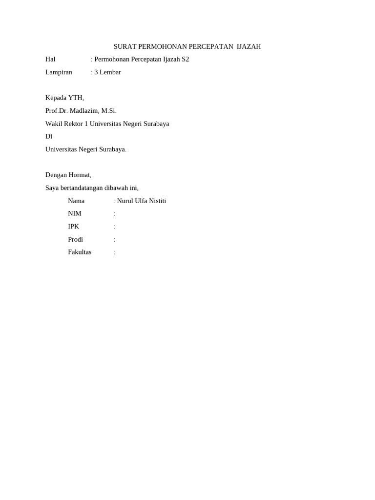 Surat Permohonan Percepatan Ijazah | PDF