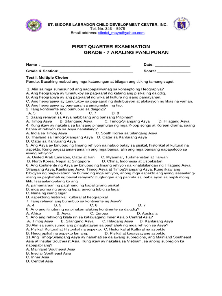 First-Quarter-Examination-Jhs - Ap 7 | PDF | Physical Geography | Travel