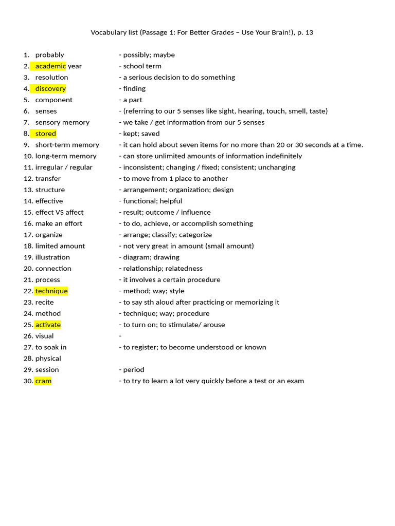 Vocabulary List - Passage 1 - For Ss | PDF