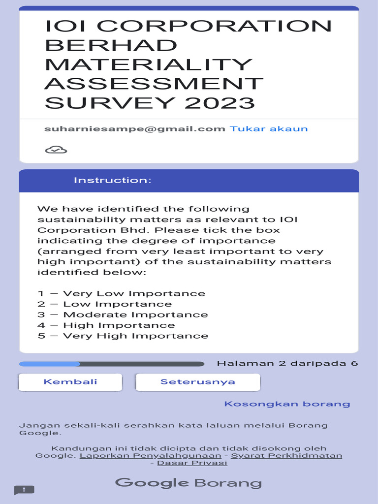 Ioi Corporation Berhad Materiality Assessment Survey 2023 | PDF