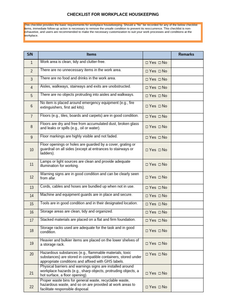 Workplace Housekeeping Checklist | PDF