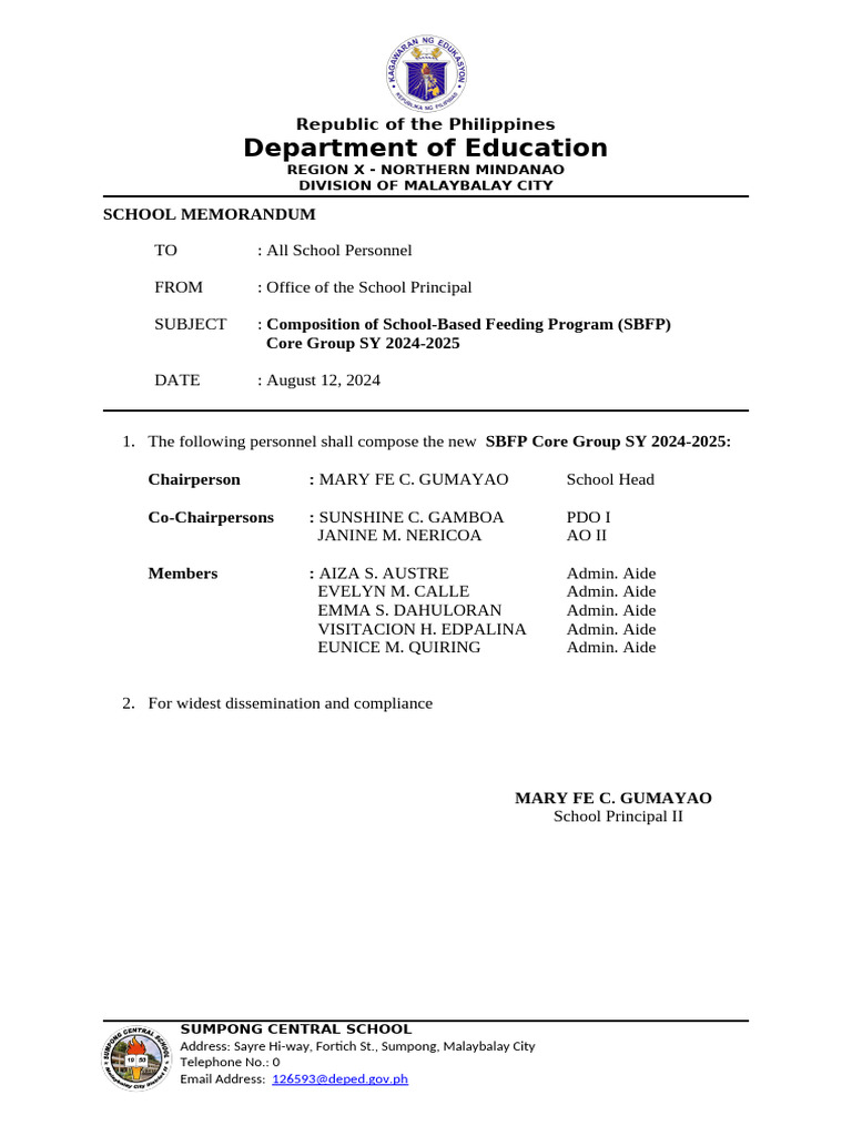 SuCS SBFP Core Group SY 2024 2025 | PDF