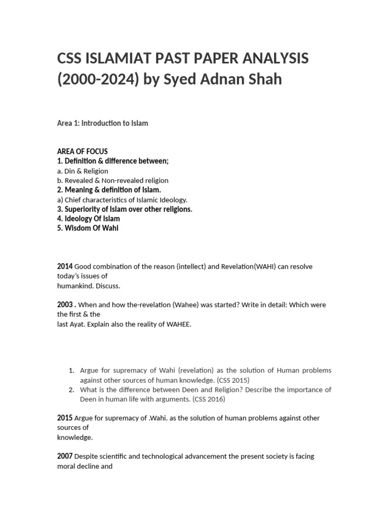 CSS Islamiat Past Paper Analysis (Topic-Wise) 2000-2024 by Syed Adnan ...