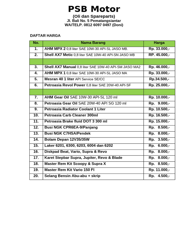 Daftar Harga PSB Motor Fix | PDF
