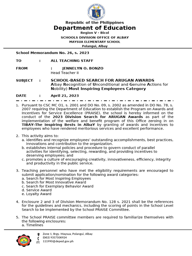 School Memorandum No. 26 S. 2022 Arugan Praise Committee | PDF
