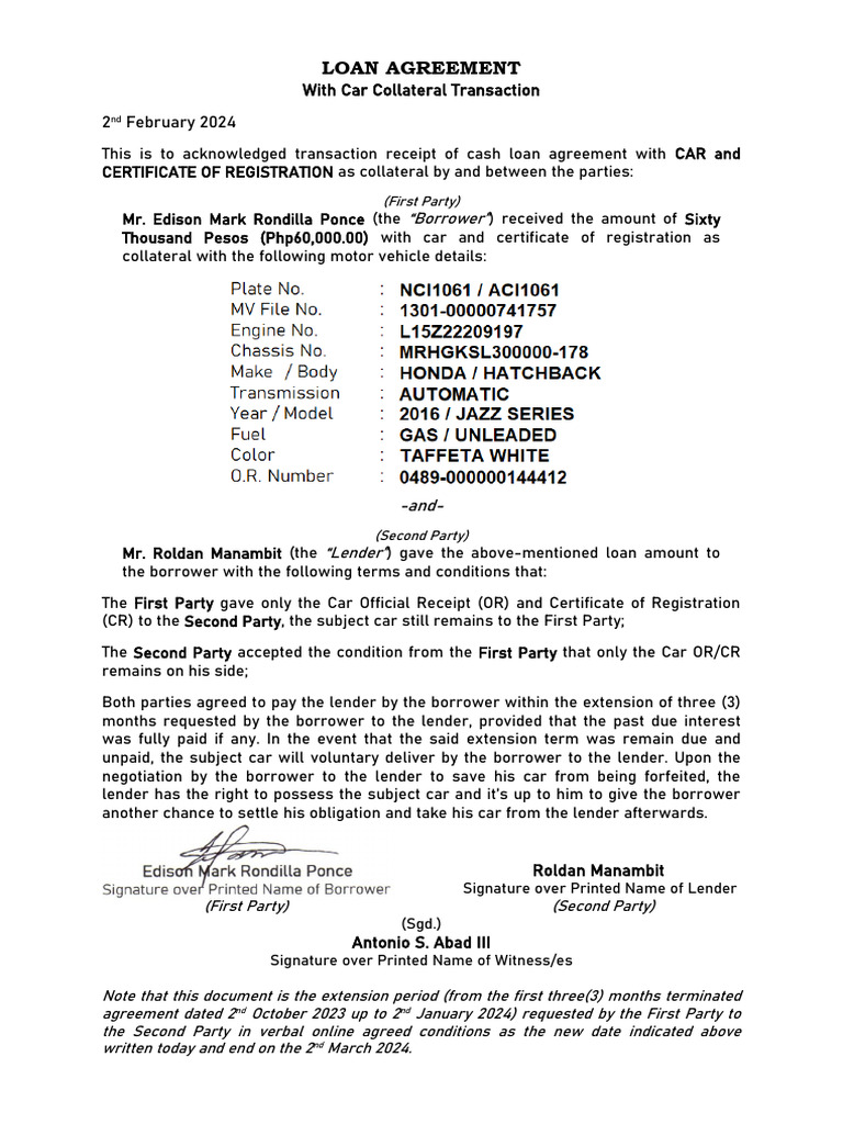 Car Loan Agreement with Collateral | PDF | Law