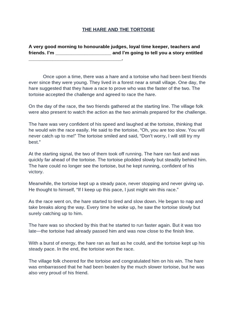 STORY TELLING The Hare and The Tortoise | PDF