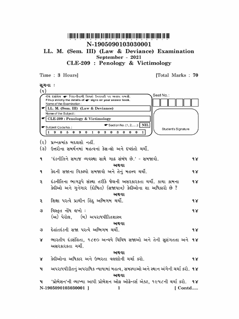 N-1905090103030001 Ll. M. (Sem. Iii) (Law & Deviance) Examination ...
