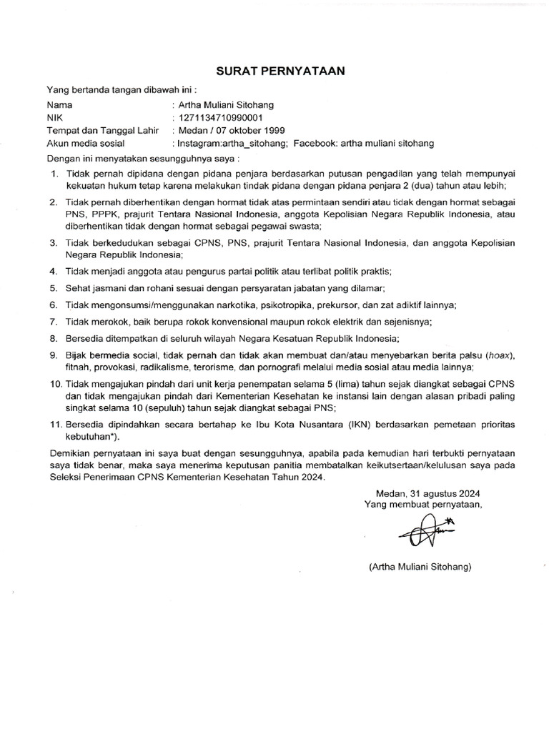 Surat Pernyataan (Artha) | PDF