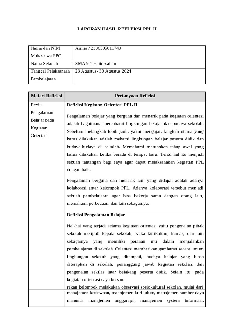 Armia - T5 - LK 6 Contoh Format Laporan Hasil Refleksi PPL I | PDF