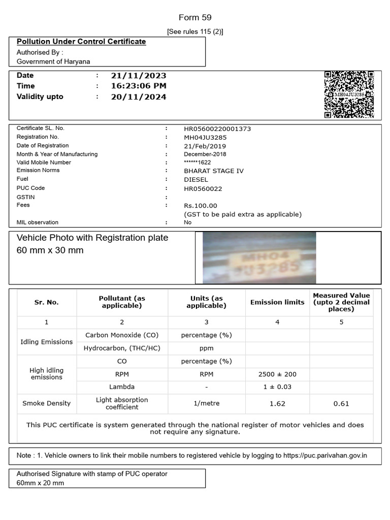 Form 59: Vehicle Photo With Registration Plate 60 MM X 30 MM | PDF