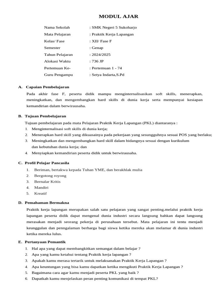 Modul Ajar PKL Konsentrasi Keahlian Fase F | PDF