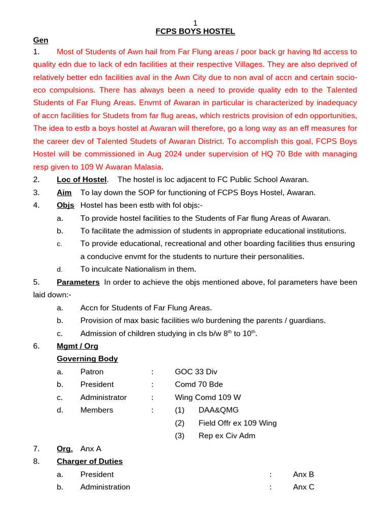 Sop - Fcps Awn Hostel | PDF