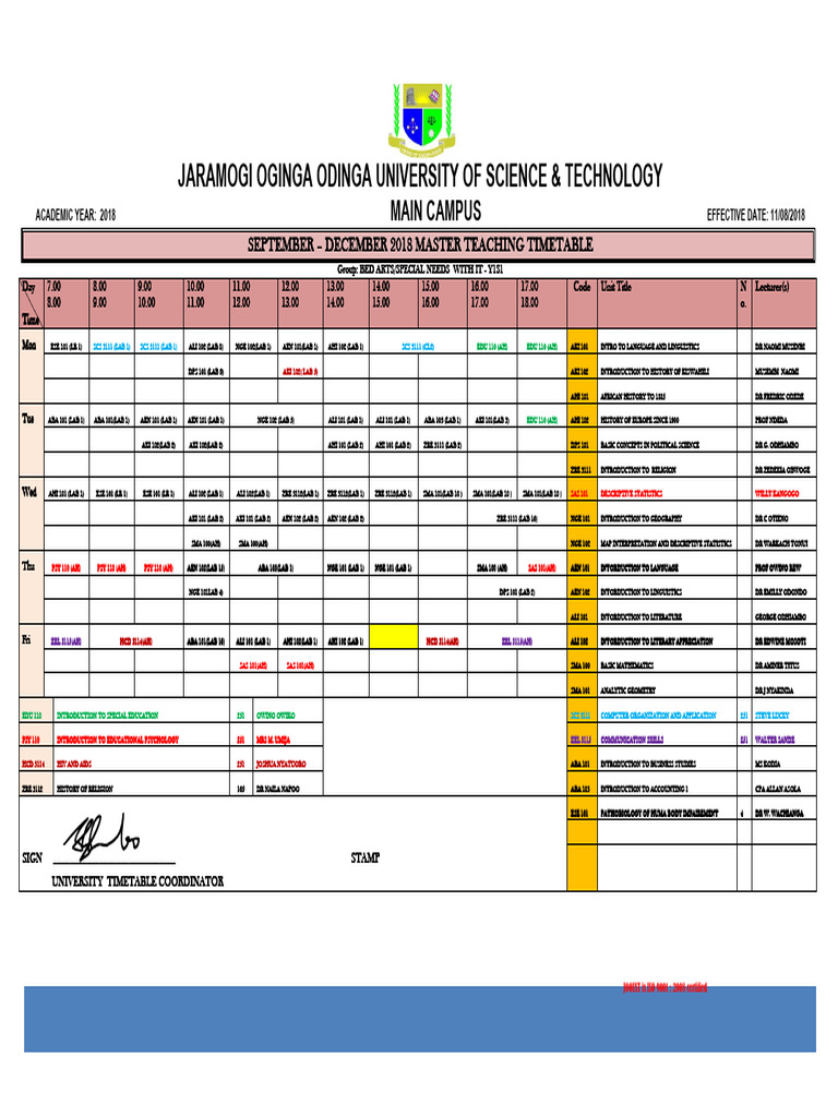 Final Sep - Dec 2018 Master Teaching Timetable | PDF