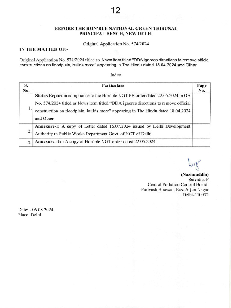 Status Report by CPCB in OA No. 574 of 2024 (News Item Titled DDA ...