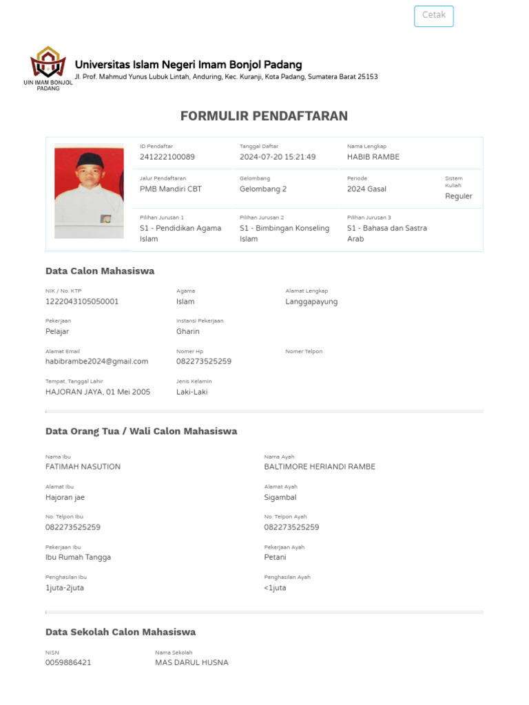 Universitas Islam Negeri Imam Bonjol Padang - Seleksi Penerimaan Mahasiswa Baru - ForMULIR ...