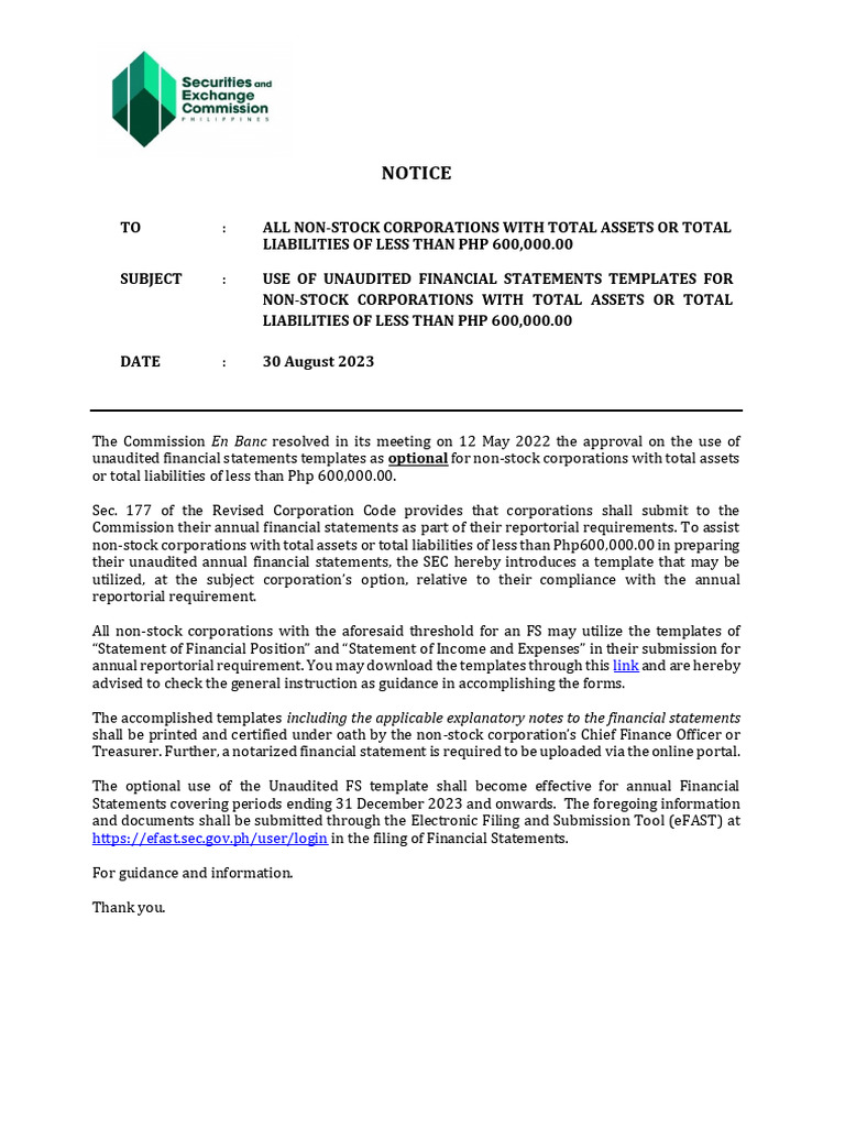 2023notice On The Use of Unaudited FS For NonStock 08.30.23 | PDF ...