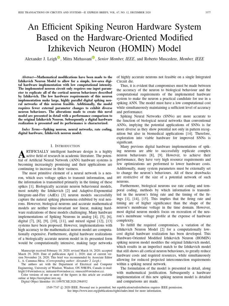 An Efficient Spiking Neuron Hardware System Based On The Hardware-Oriented Modified Izhikevich ...