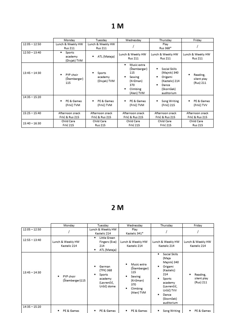 PYP Co Curricular Timetable | PDF