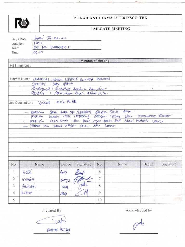 1.1c Tailgate Meeting Project Chevron | PDF