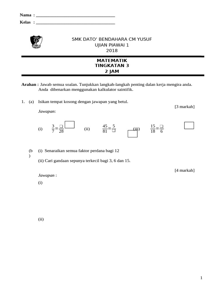 Ujian 1 Math F3 2018 Pdf