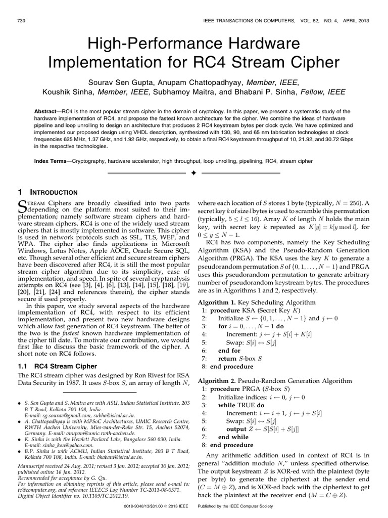 High-Performance Hardware Implementation For RC4 Stream Cipher | PDF