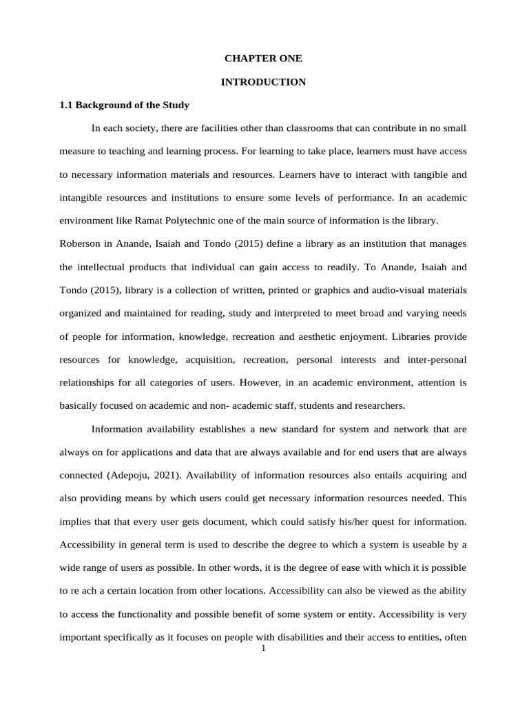 Availability and Accessibility of Library Information Resources by Library Users of Umara ...