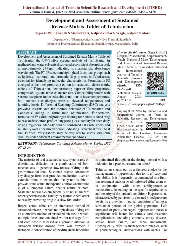 Development and Assessment of Sustained Release Matrix Tablet of ...