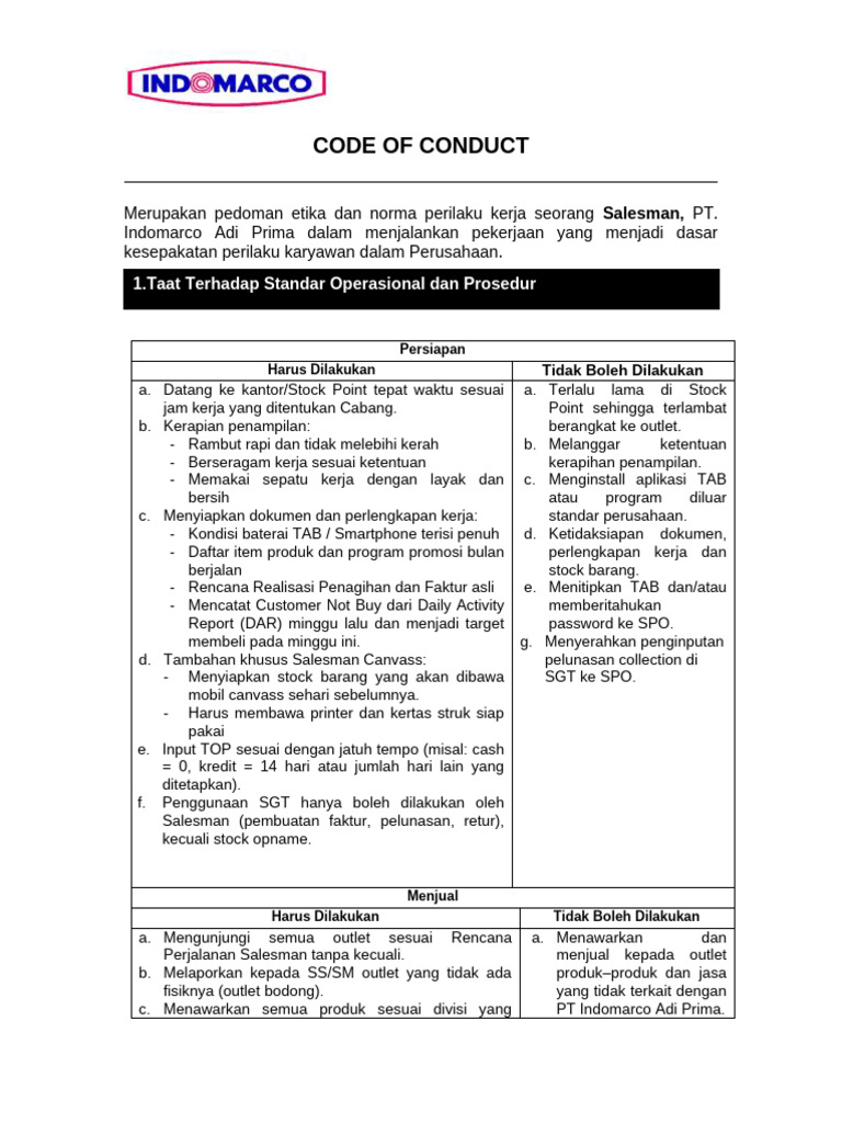 CODE OF CONDUCT- Salesman_ revisi 2018 | PDF