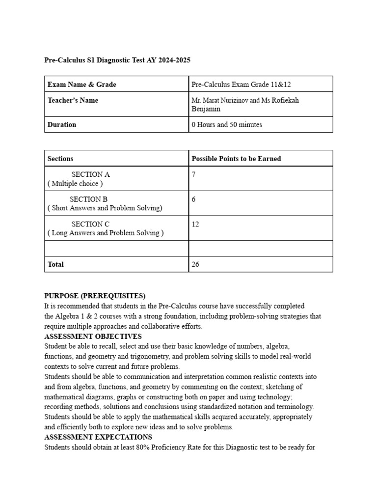 Pre-Calculus Diagnostics Test S1 SolKey 2024-2025 G11&12 New | PDF