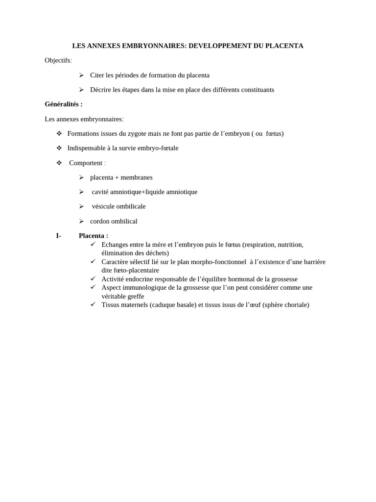 Les Annexes Embryonnaires | PDF