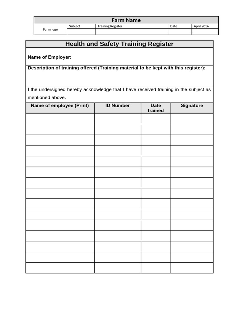 Health and Safety Training Register. 2016 | PDF
