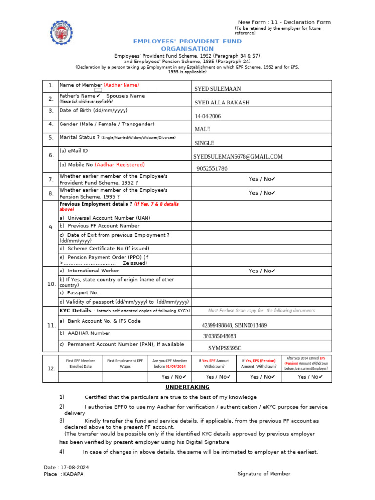 Epf New Form No 11 Declaration Form | PDF