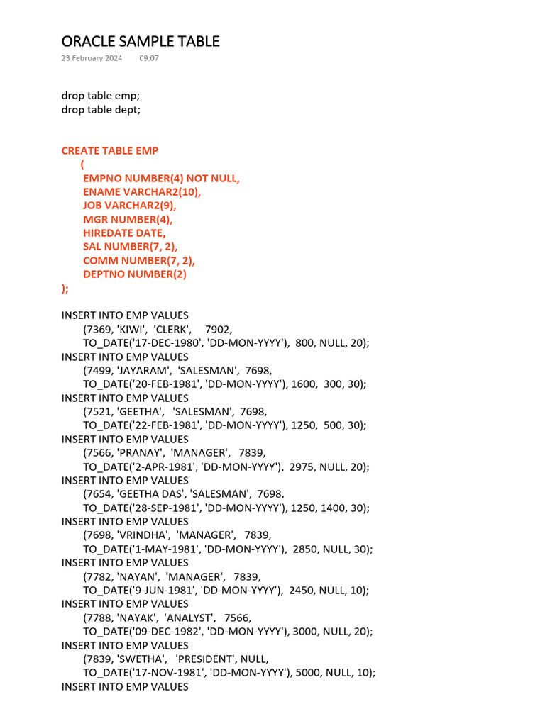 ORACLE SAMPLE TABLES | PDF