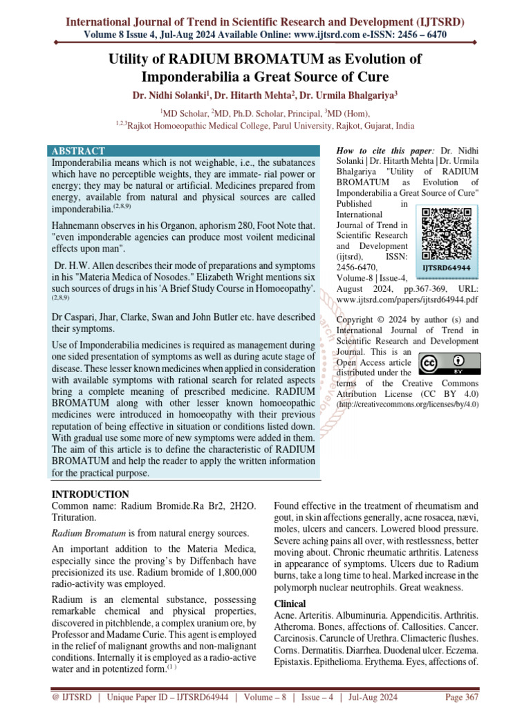 Utility of RADIUM BROMATUM As Evolution of Imponderabilia A Great ...