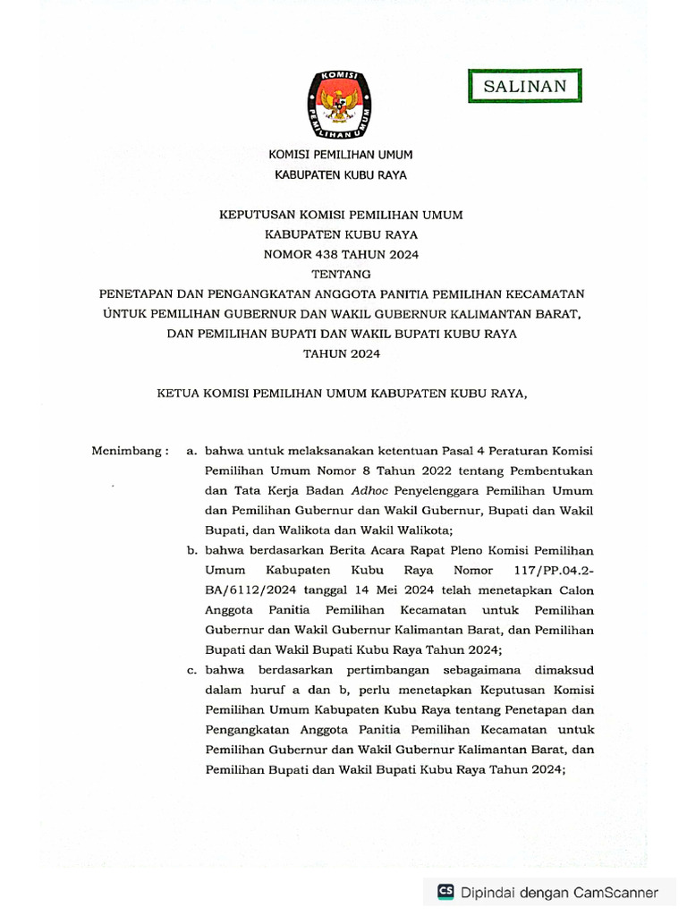 Salinan SK 438 Tahun 2024 Tentang Penetapan Dan Pengangkatan Anggota PPK | PDF